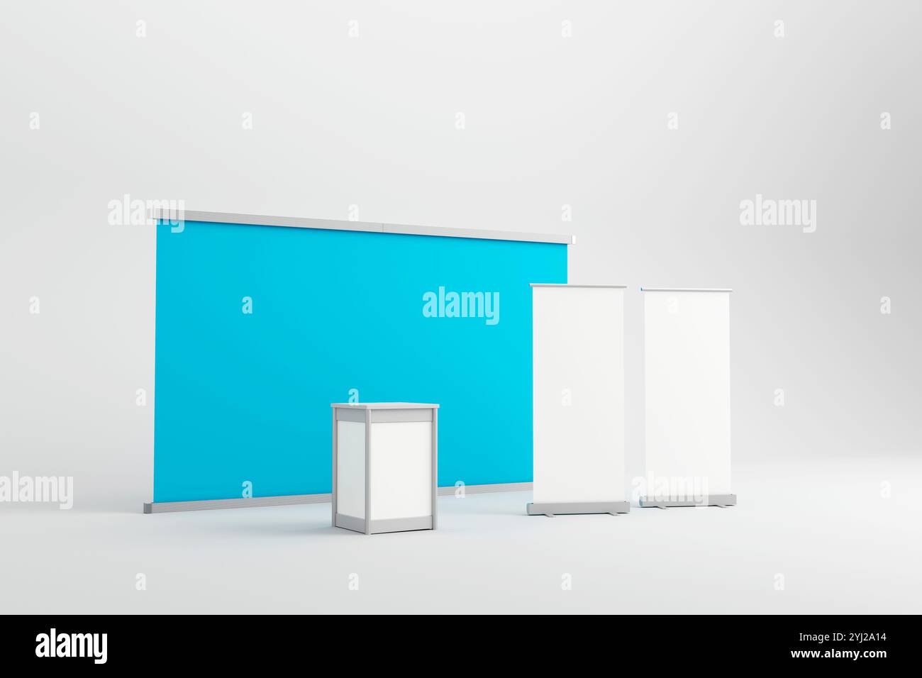 A minimalistic exhibition setup featuring a blue backdrop, two white ...