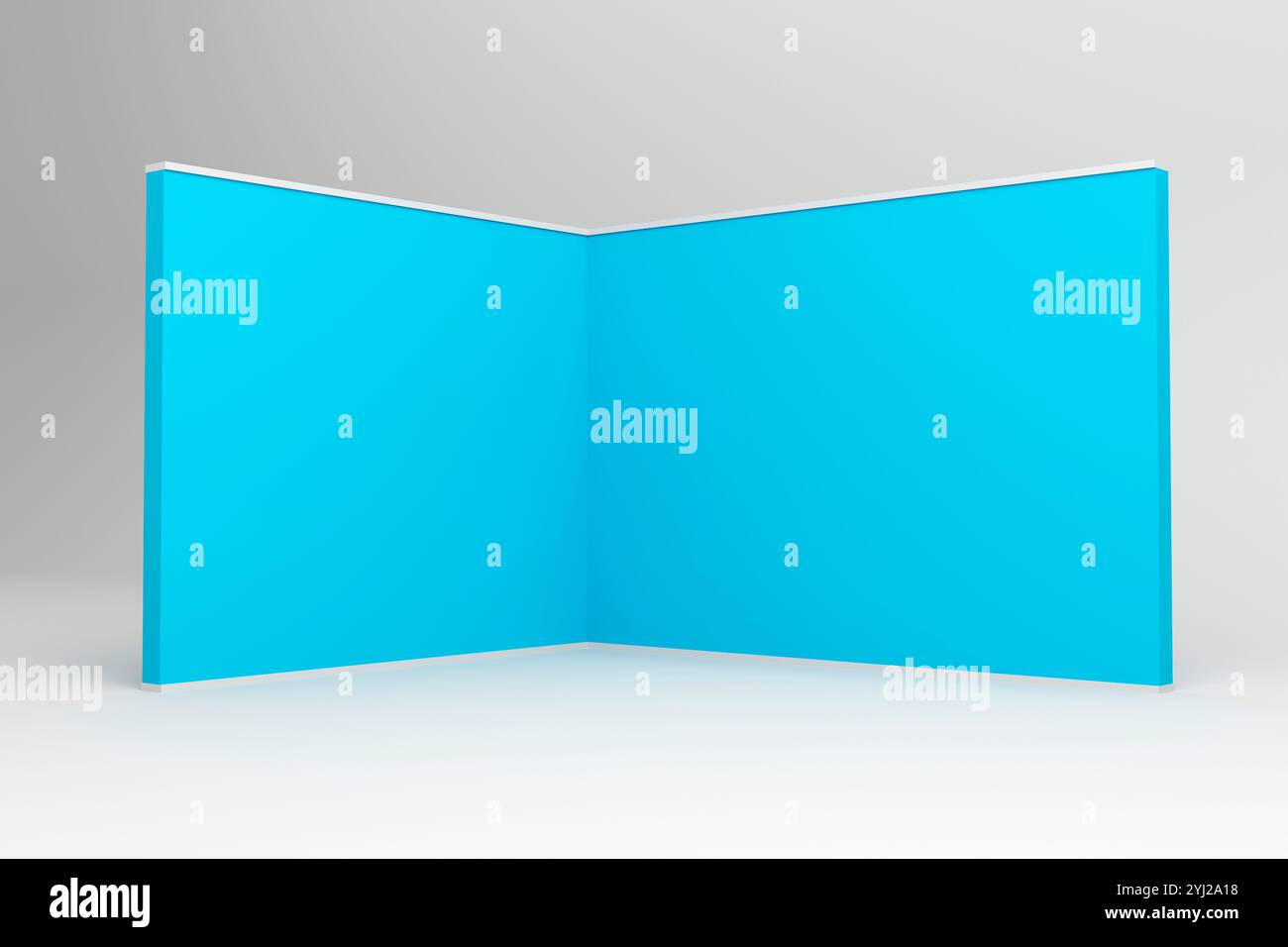 A vibrant blue exhibition booth with two angled walls, creating a bold ...