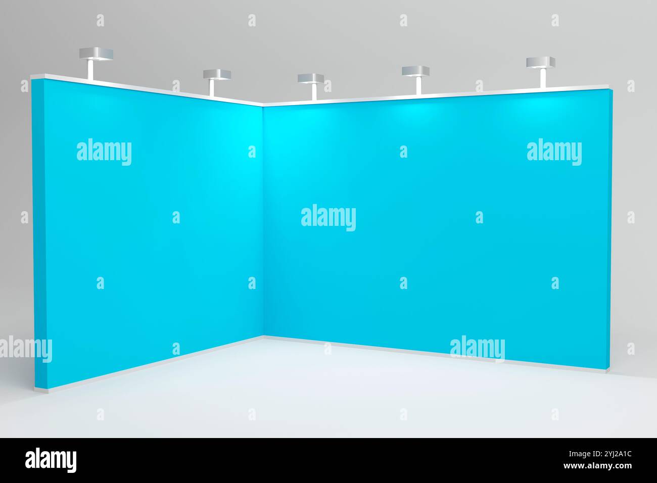 A sleek, blue exhibition booth featuring a three-wall setup with ...