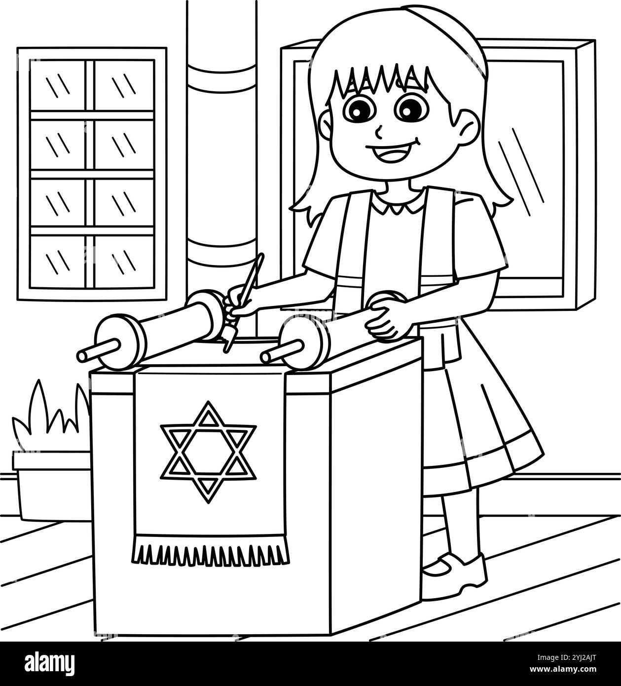 Bat Mitzvah Girl Reading the Torah Coloring Page Stock Vector Image ...