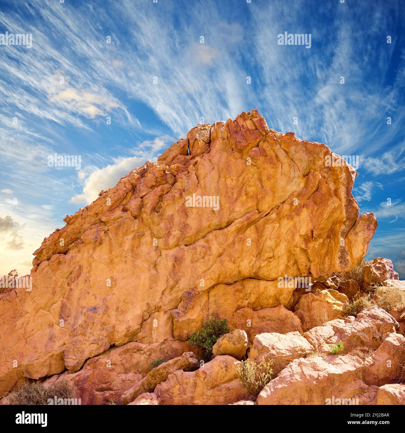 Rock, sky and landscape in nature with plants, ecosystem and natural ...