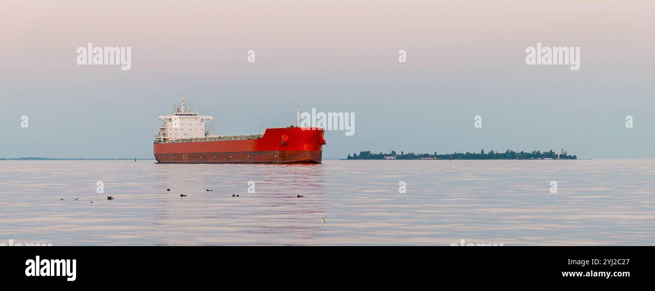 A large cargo ship moving in the water of the Black Sea. A red cargo ...