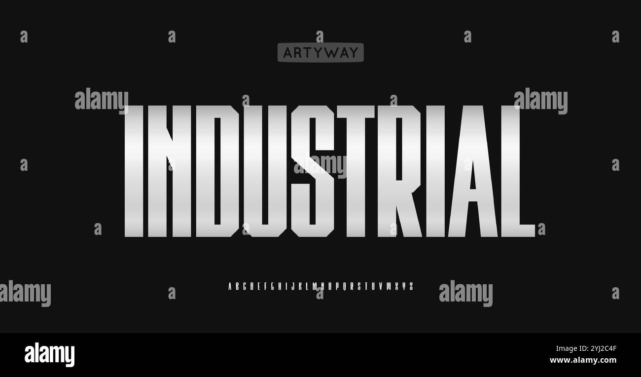 Condensed industrial alphabet, bold tall metallic letters, high ...