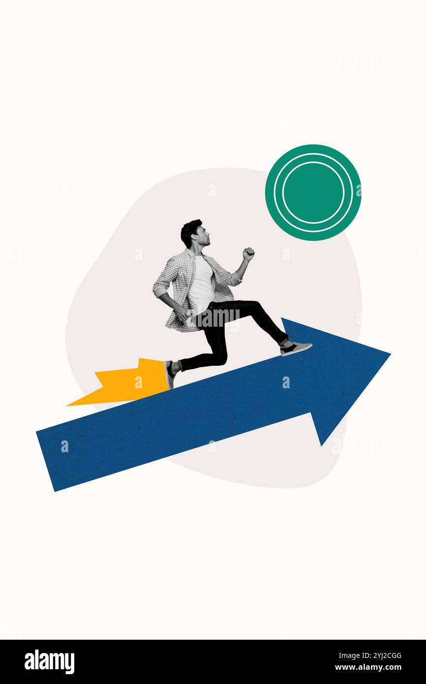 Vertical poster collage young man runner leadership direction arrow ...