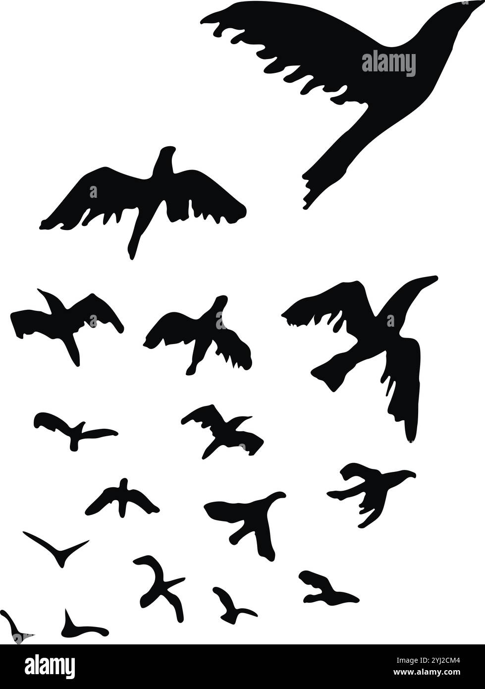 Hand drawn flying birds silhouettes hand painted with ink brush Stock ...