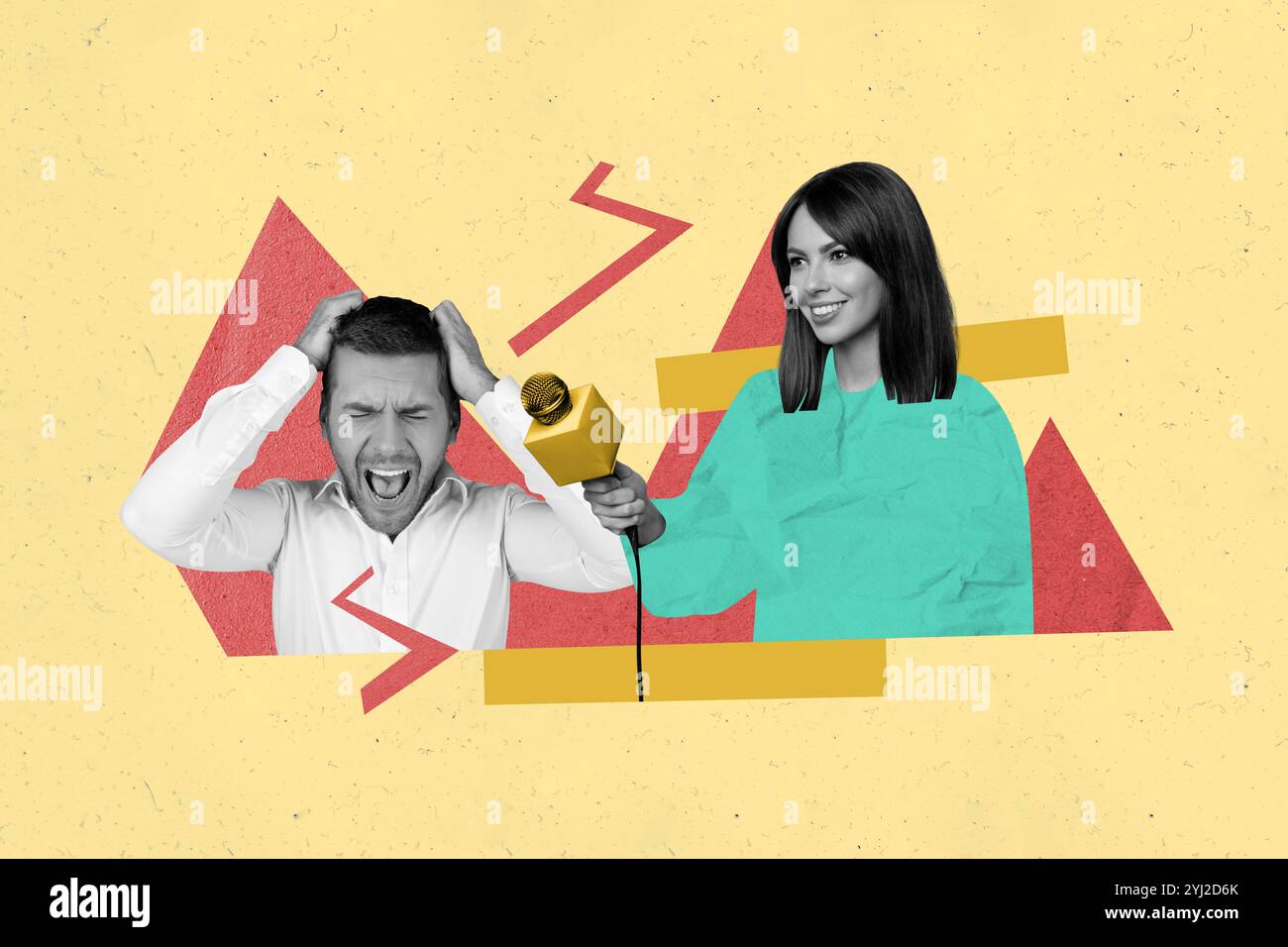 Creative collage young woman journalist interview annoyed irritated man mass media pressure pain ...