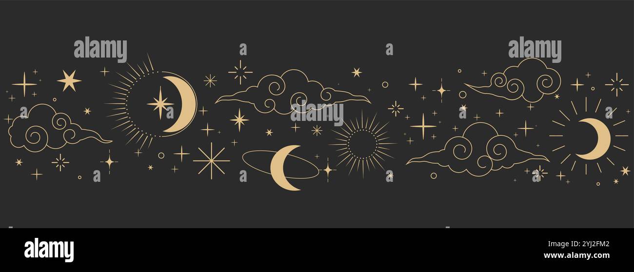 Celestial seamless border, witch spiritual decoration with asian clouds ...