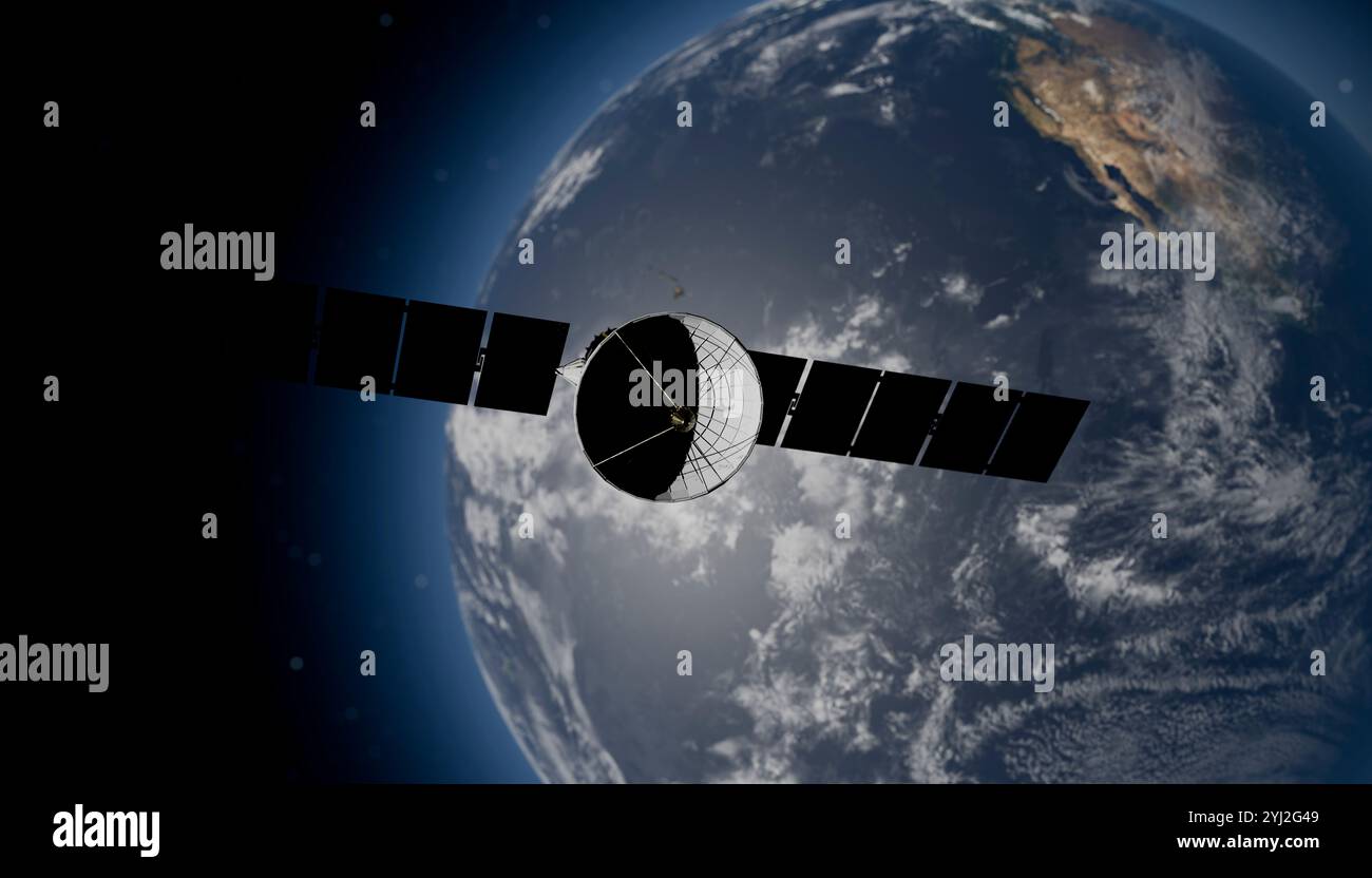 Illustration of a satellite orbits Earth against the backdrop of space ...
