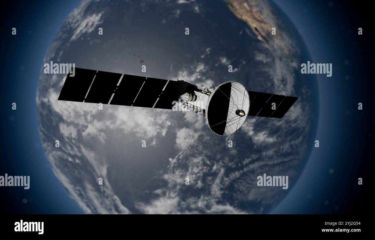 Illustration of a satellite orbiting Earth against a backdrop of space ...