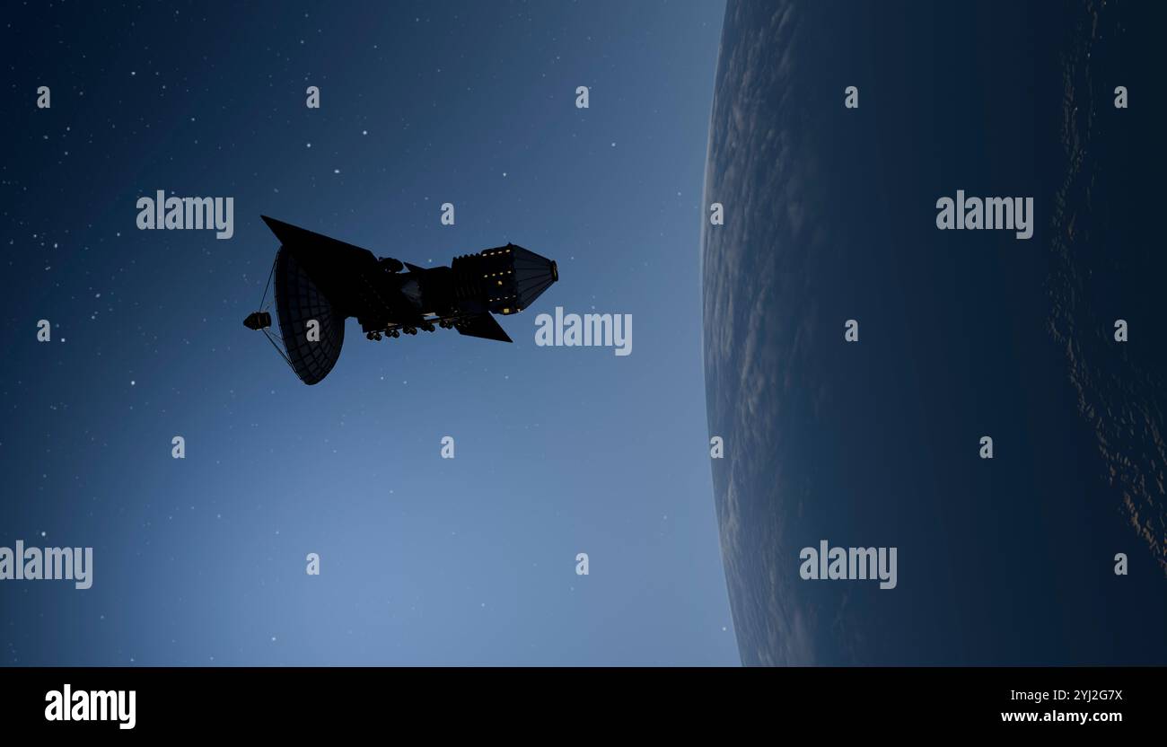Illustration of a satellite orbiting Earth against the backdrop of ...