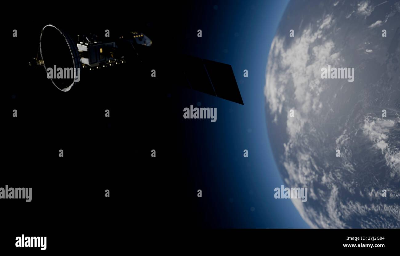 Illustration of a satellite orbiting Earth with a clear view of the ...