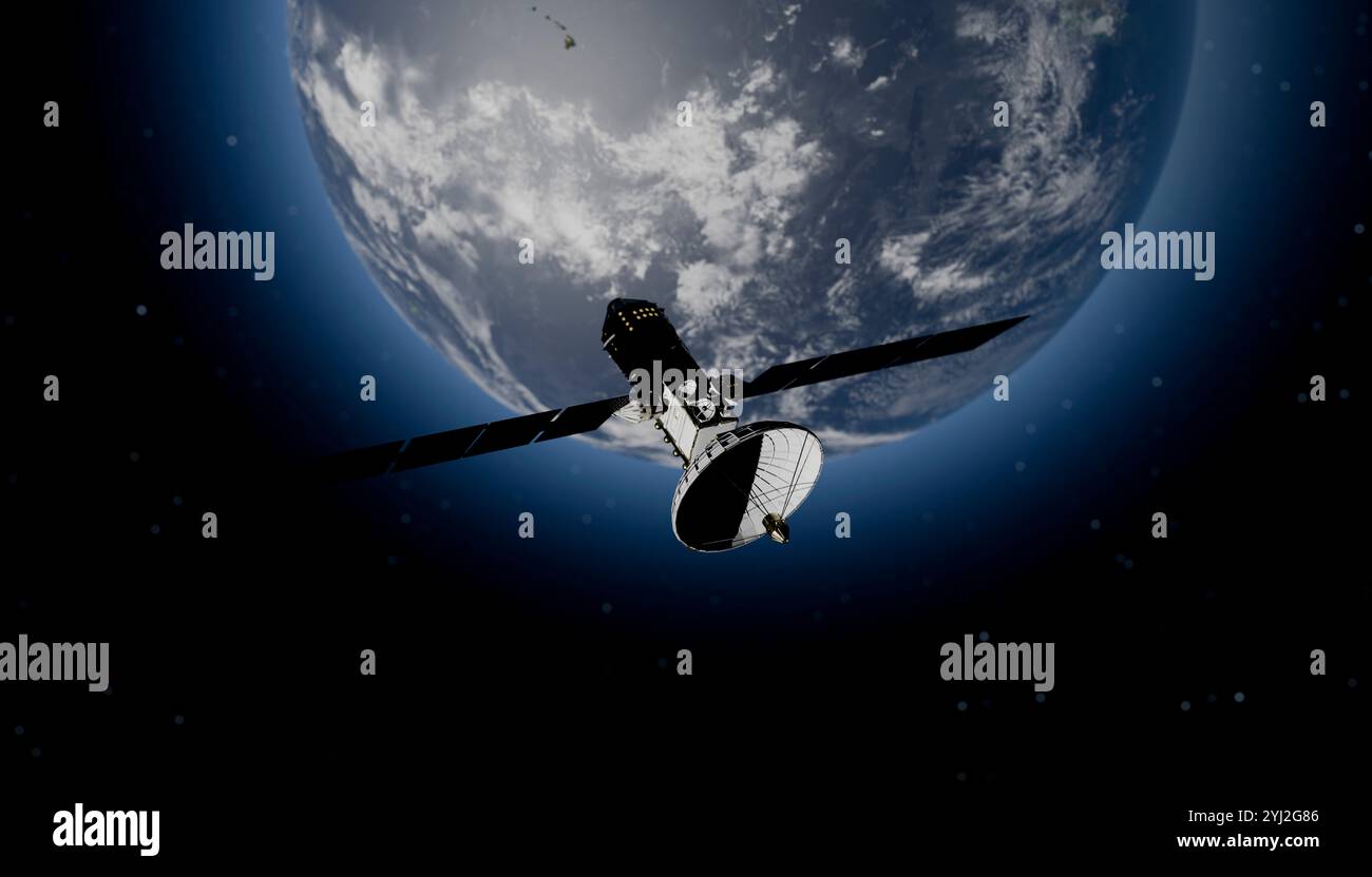 Illustration of a satellite orbiting Earth against the backdrop of ...