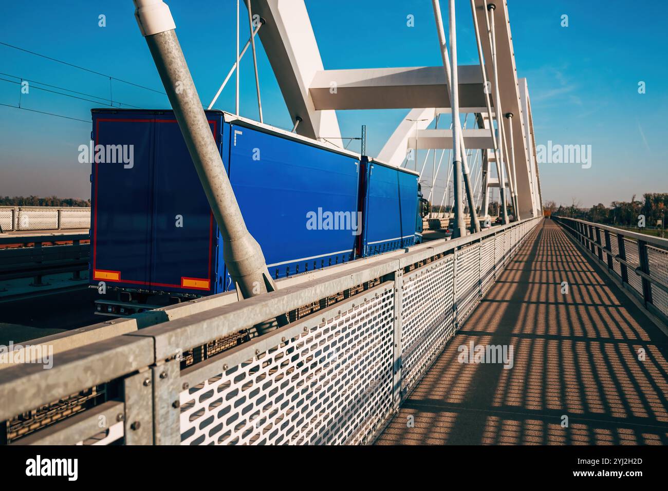 Semi truck with trailer crossing the bridge, selective focus Stock ...