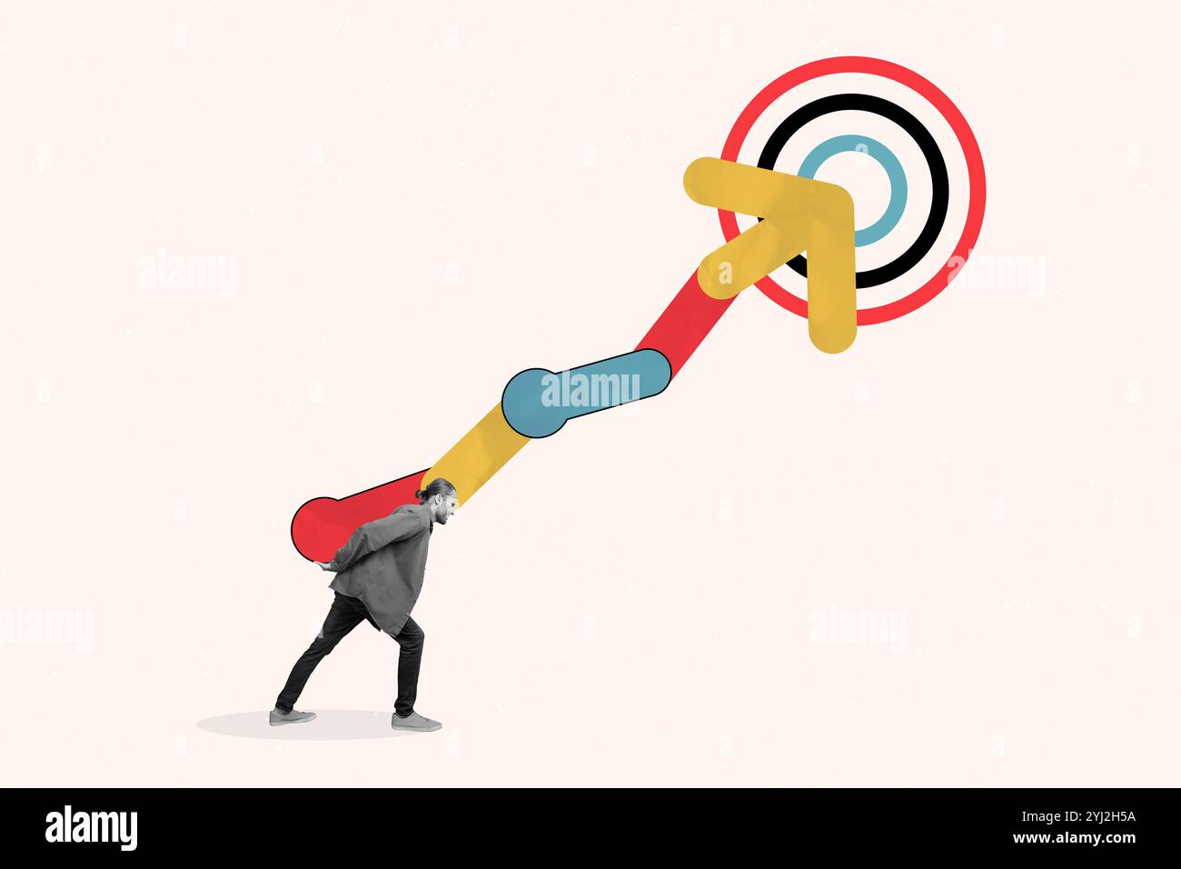 Creative collage man carry back dynamic arrow direction up progress ...