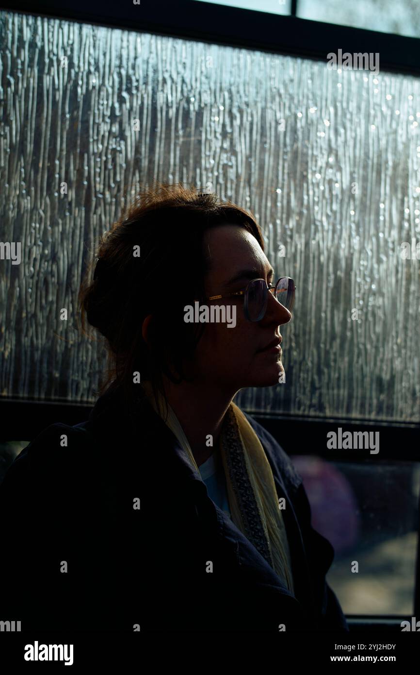 Silhouette of a woman with glasses profiled against a window covered in ...