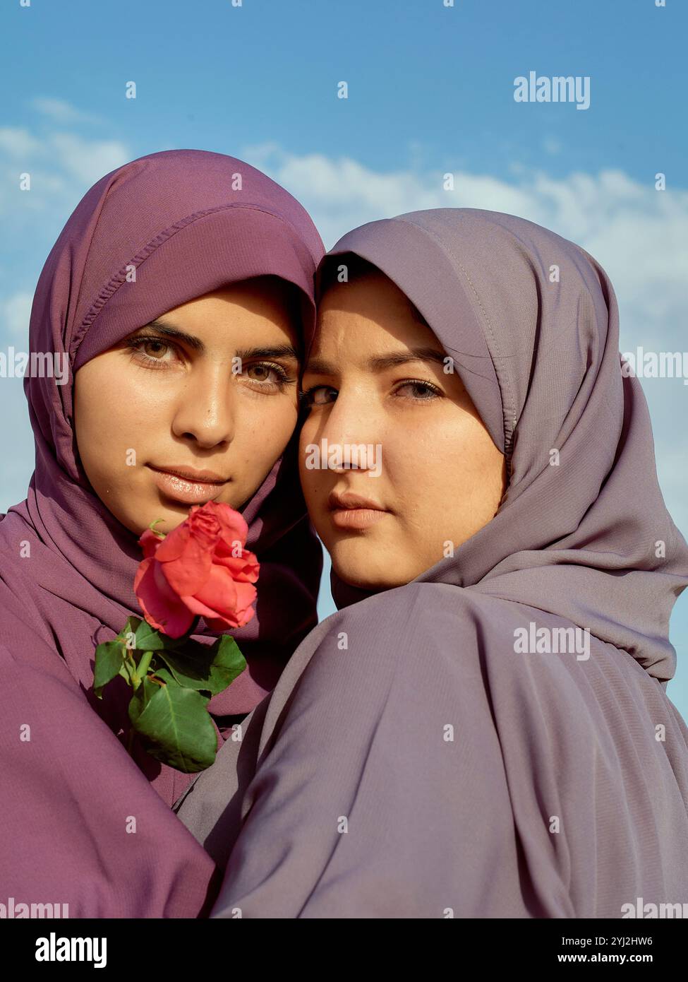 Two women wearing purple hijabs pose rose blue sky hi-res stock ...