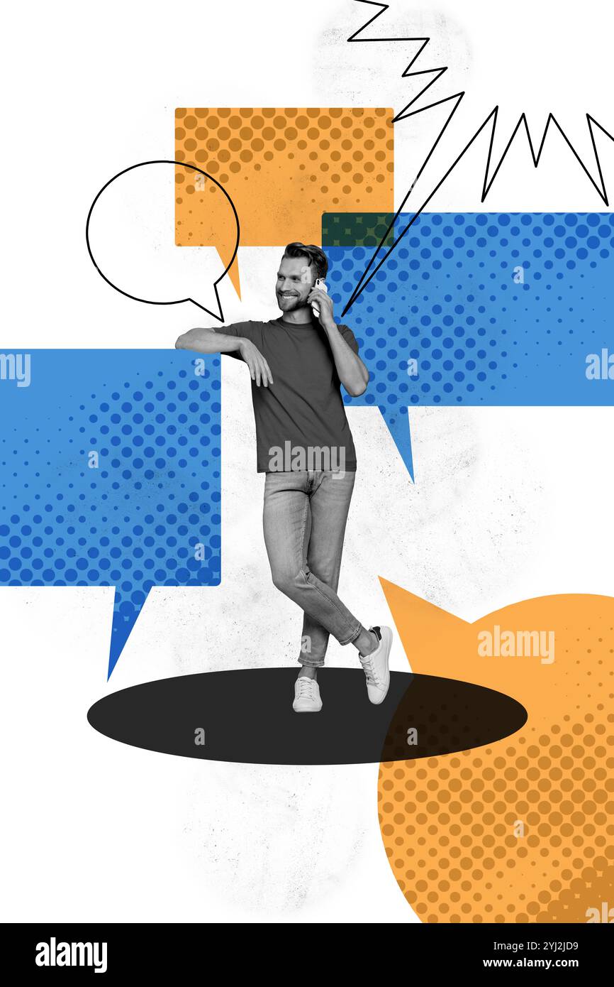 Vertical photo collage of happy man talk phone telemarketing speech ...