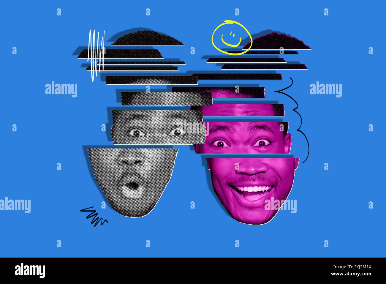 Banner poster collage of two male faces with different emotion isolated ...
