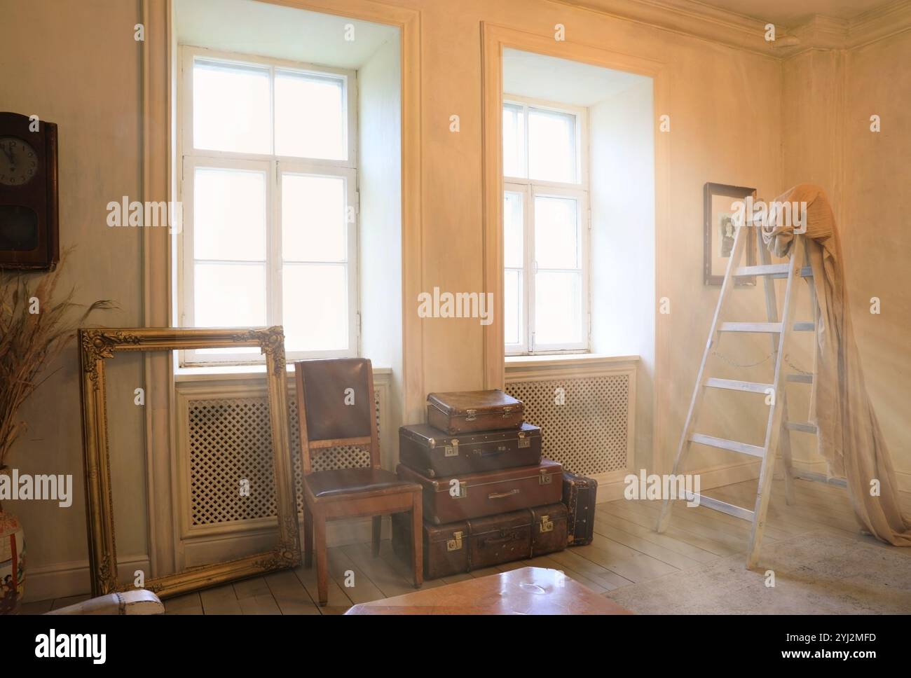 The interior of the living room is in a vintage style with large ...