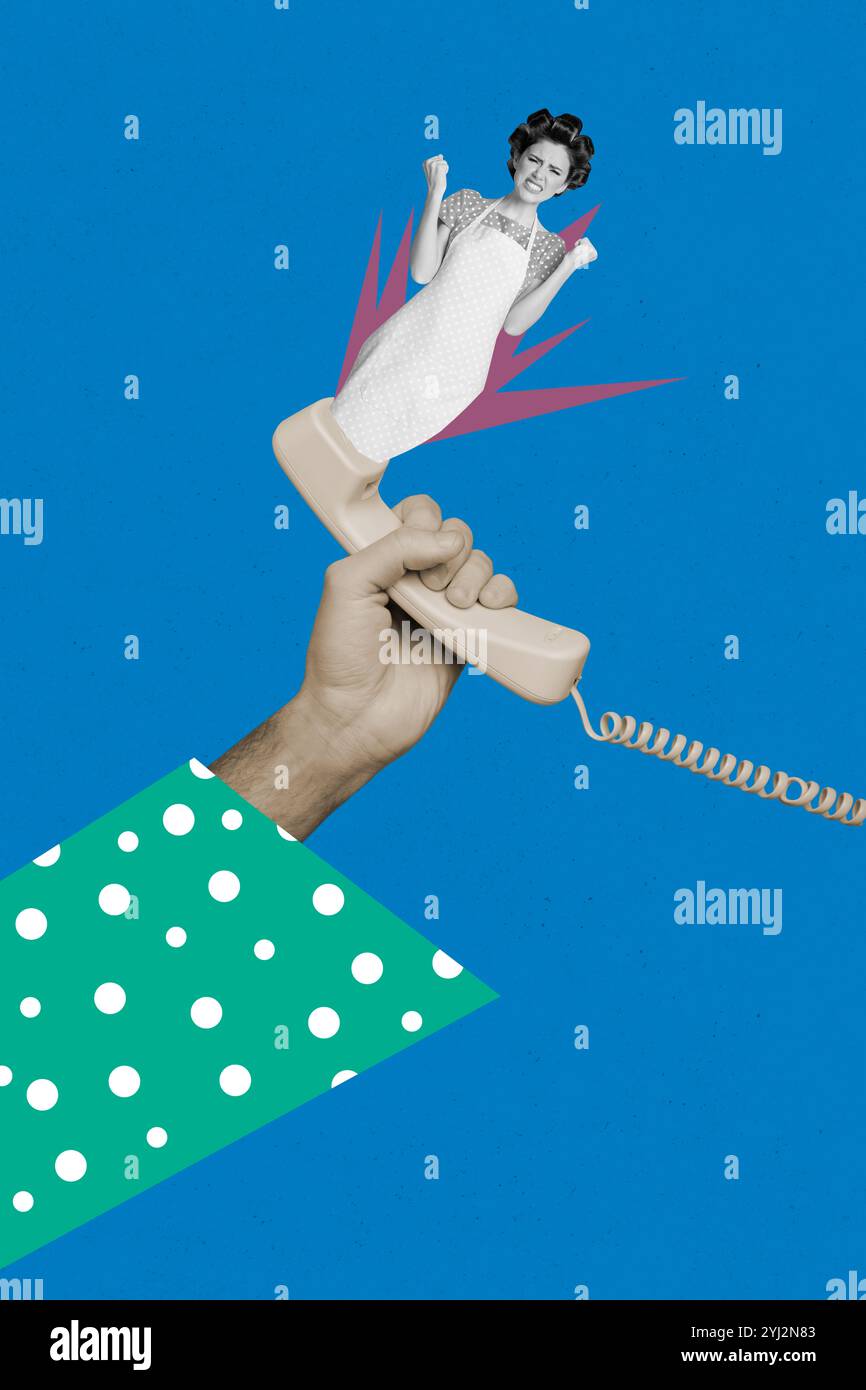 Vertical photo collage of angry housemaid peek telephone receiver wire ...