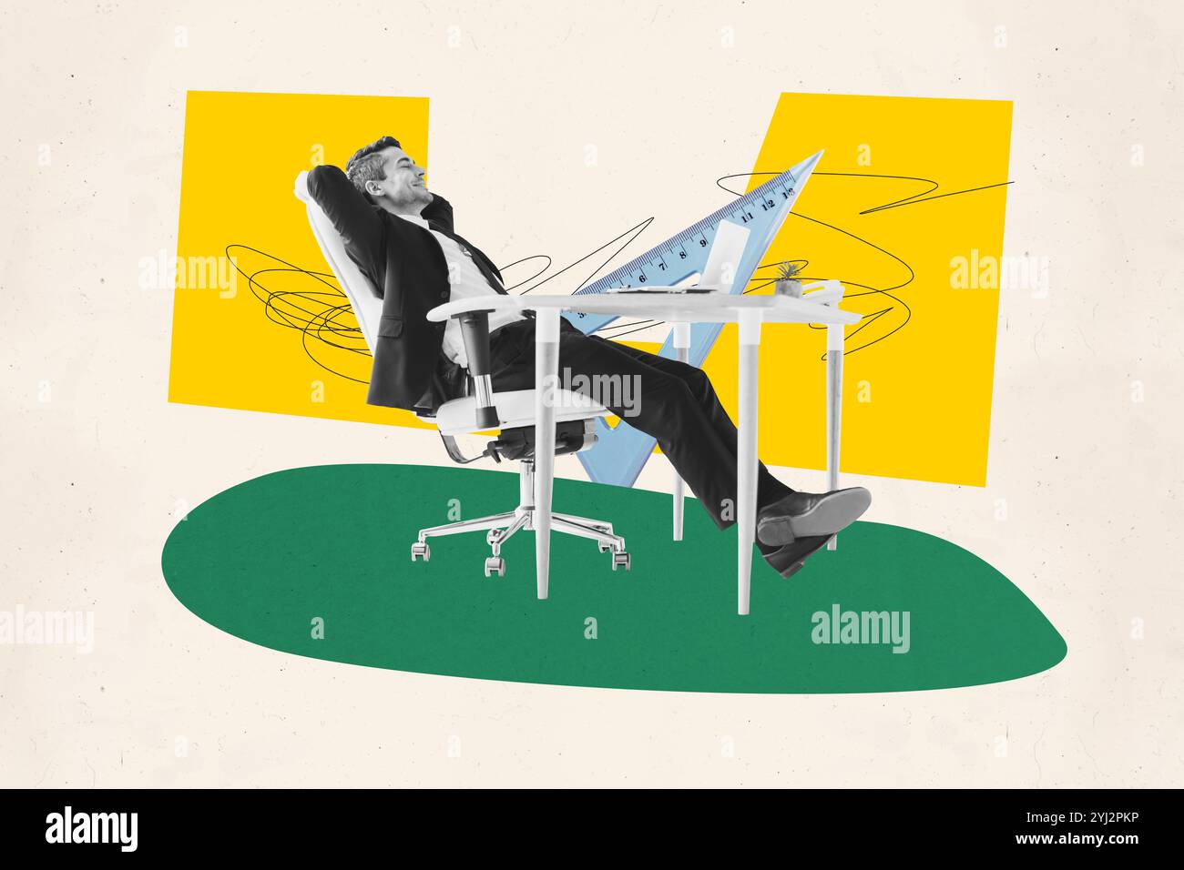 Composite photo collage of happy businessman lay chair workplace ...