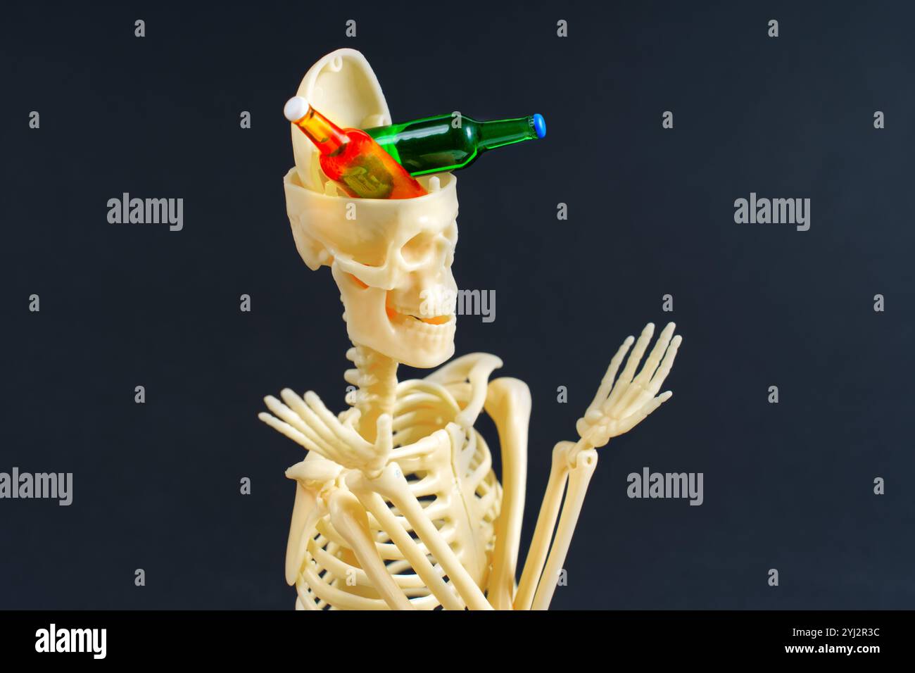 Illustration of skeleton with bottles in head isolated on black ...