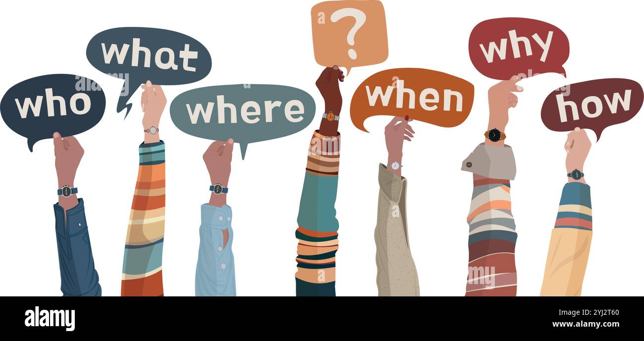 Hand raised of people holding speech bubble with text -Who What Where When Why How- and question ...