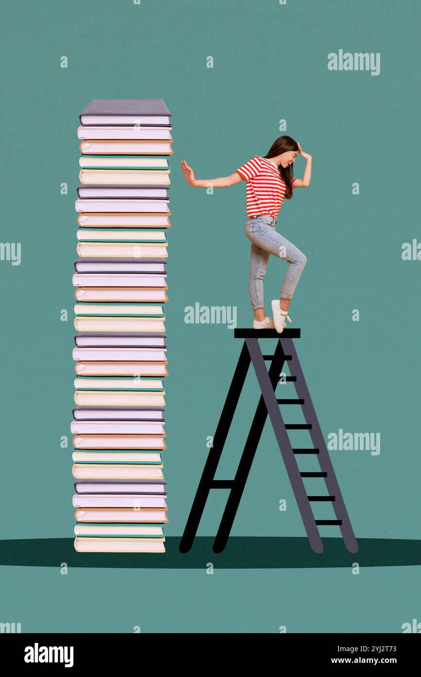 Creative poster collage of dancing smart young female high ladder books ...