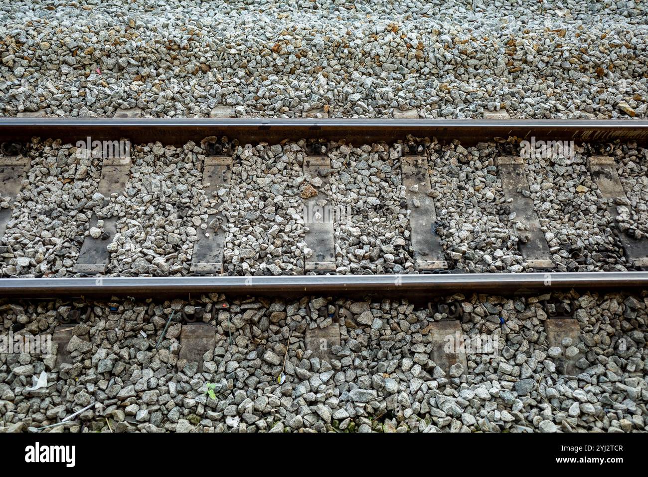 View of a train tracks on ballast gravel and railway sleeper wood Stock ...