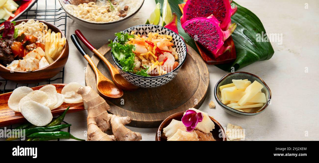 Assorted indonesian food set- nasi goreng, Rendang Pork, satay, bakso ...