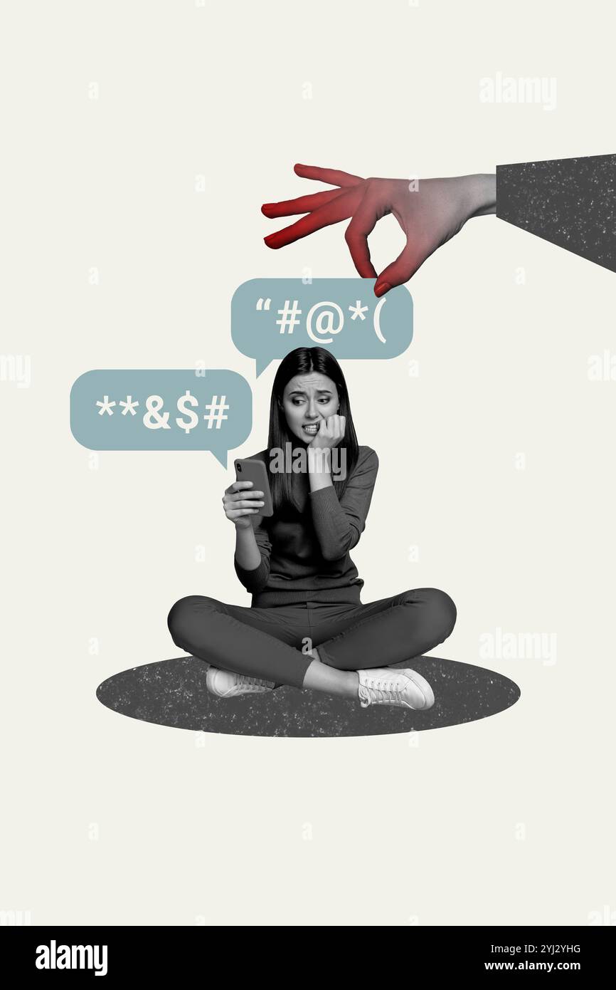 Vertical poster collage young woman afraid scared bite nails fingers ...