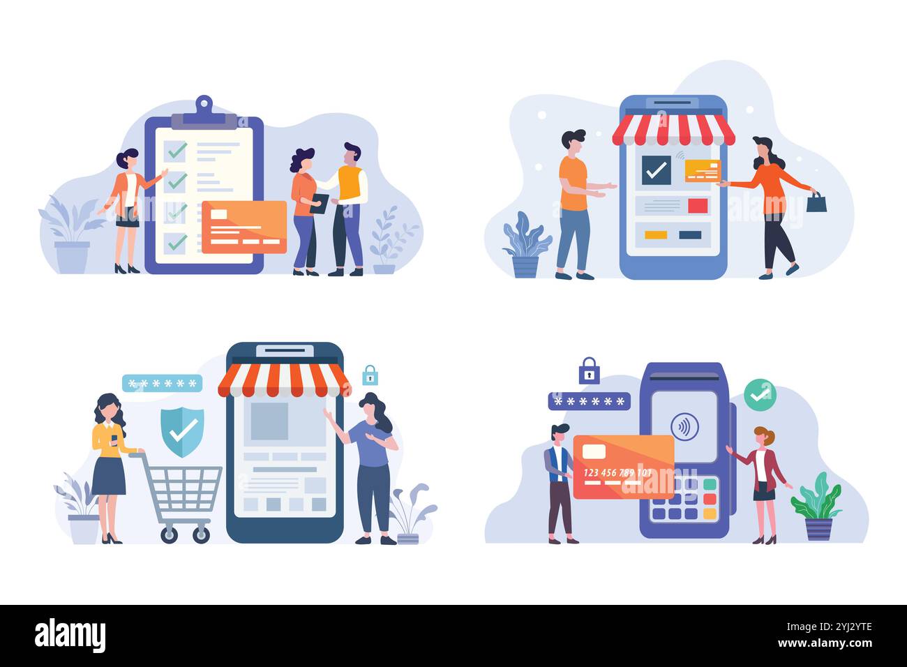 An illustration depicting various stages of online shopping, from ...
