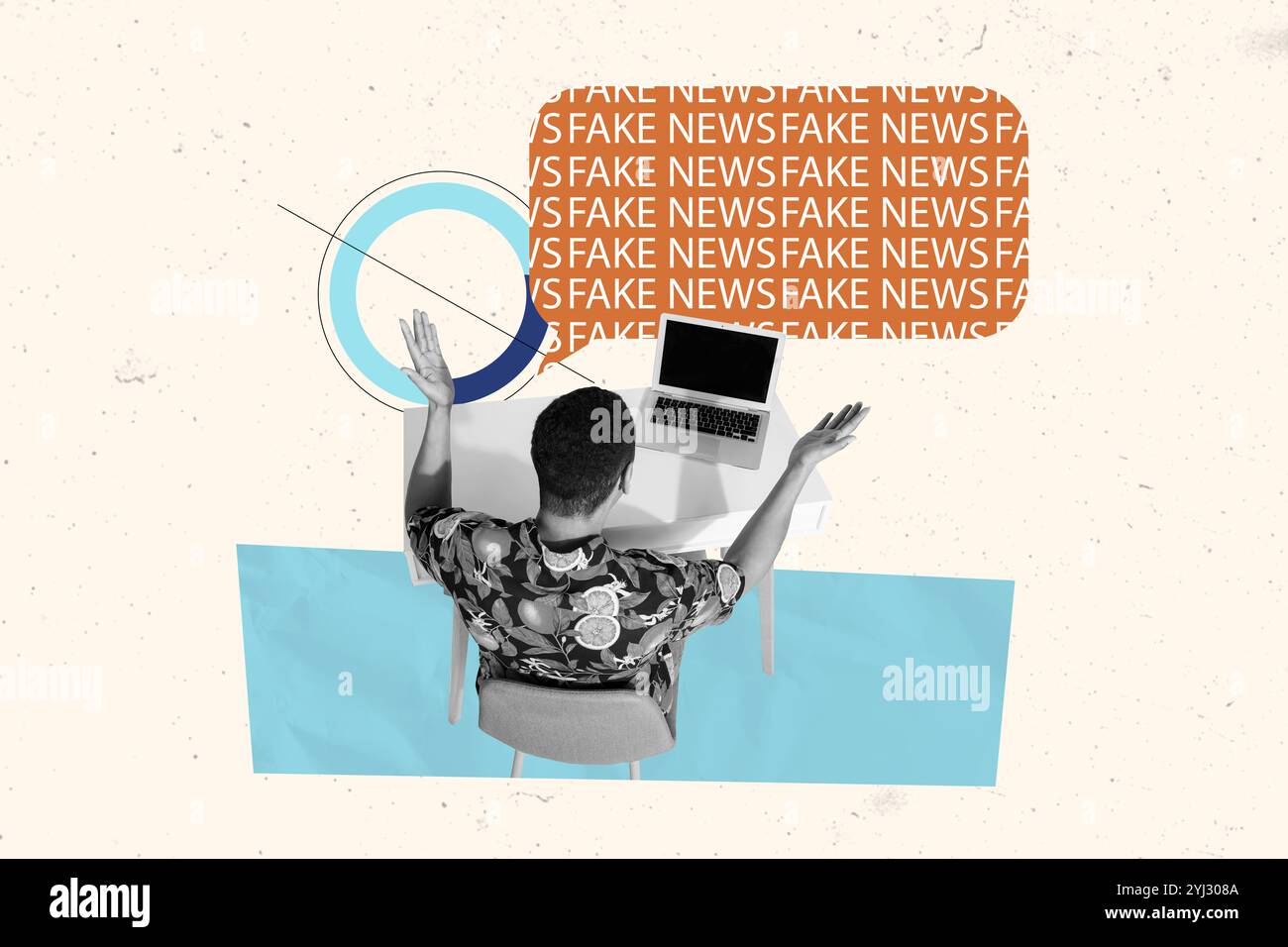 Creative collage young man clueless dilemma computer laptop fake news ...