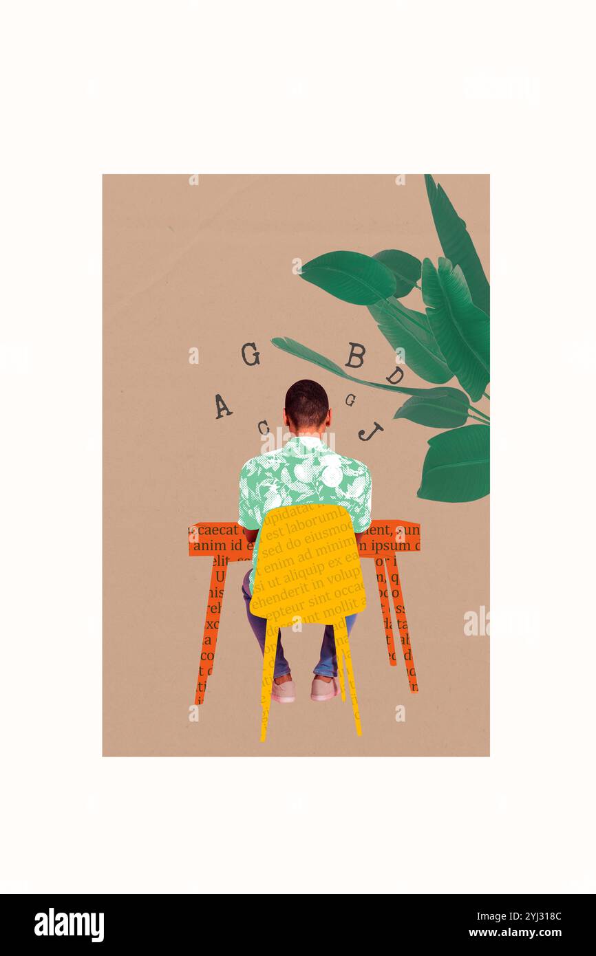 Vertical photo collage of anonym businessman sit office table chair ...