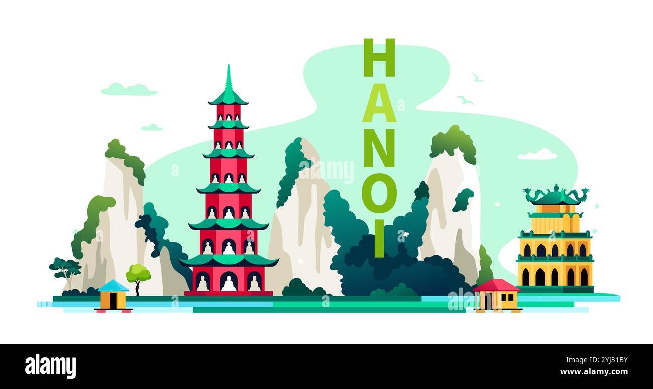 Ancient Temples of Hanoi - modern colored vector illustration Stock ...