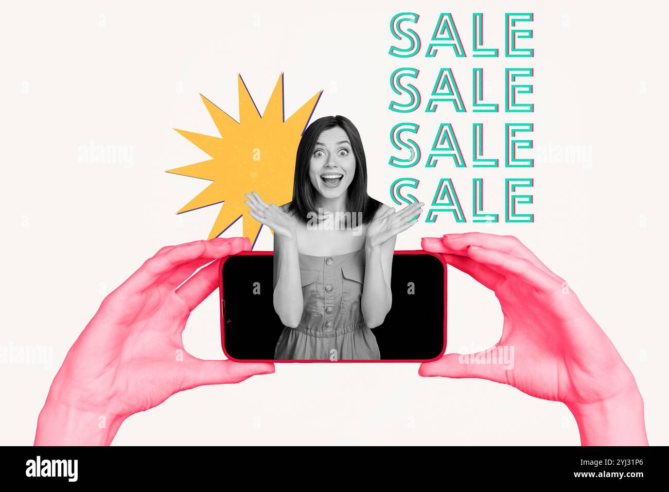 Creative composite photo collage of overjoyed woman announcing sale ...