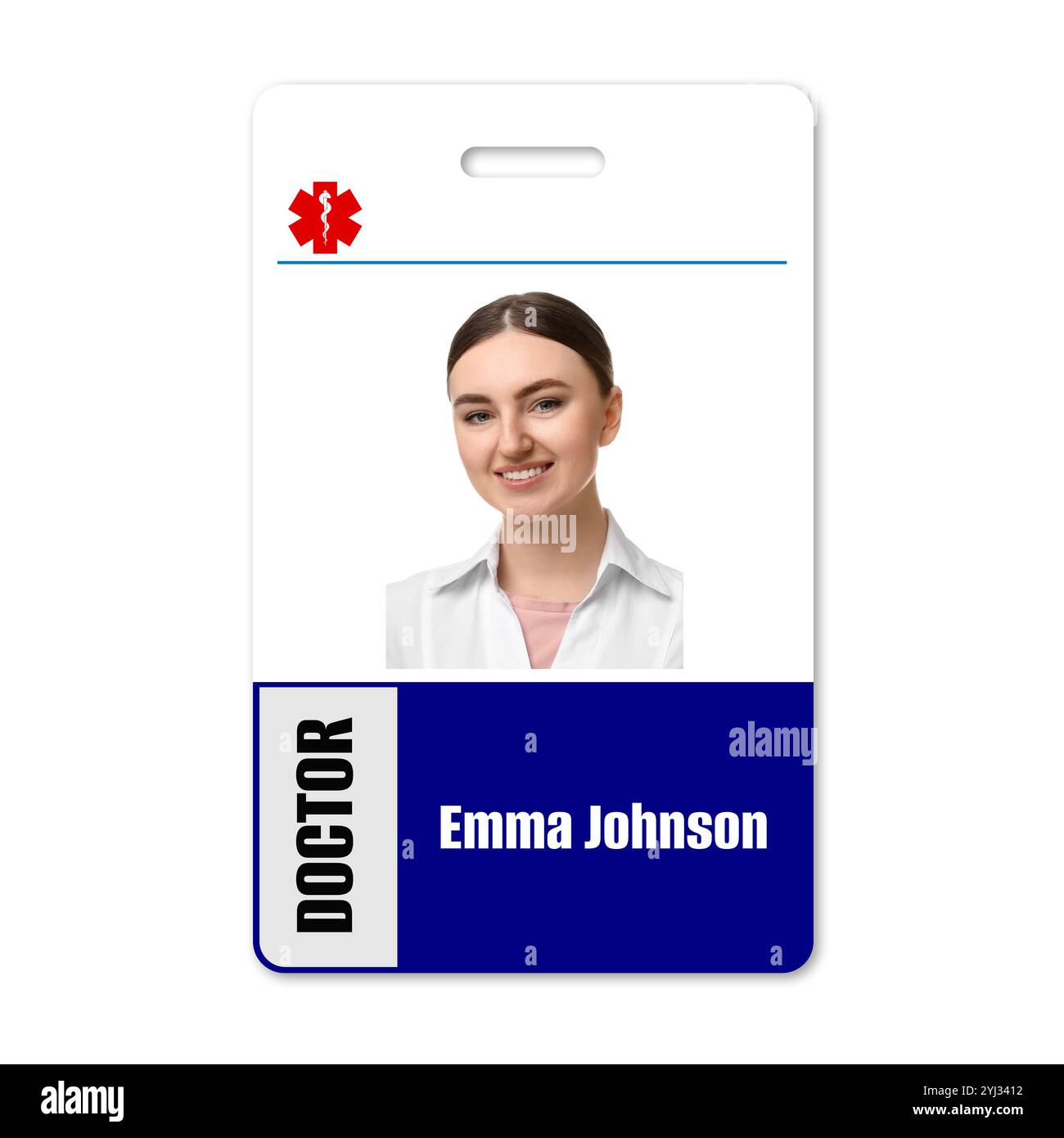 Doctor's badge with photo of woman on white background Stock Photo - Alamy