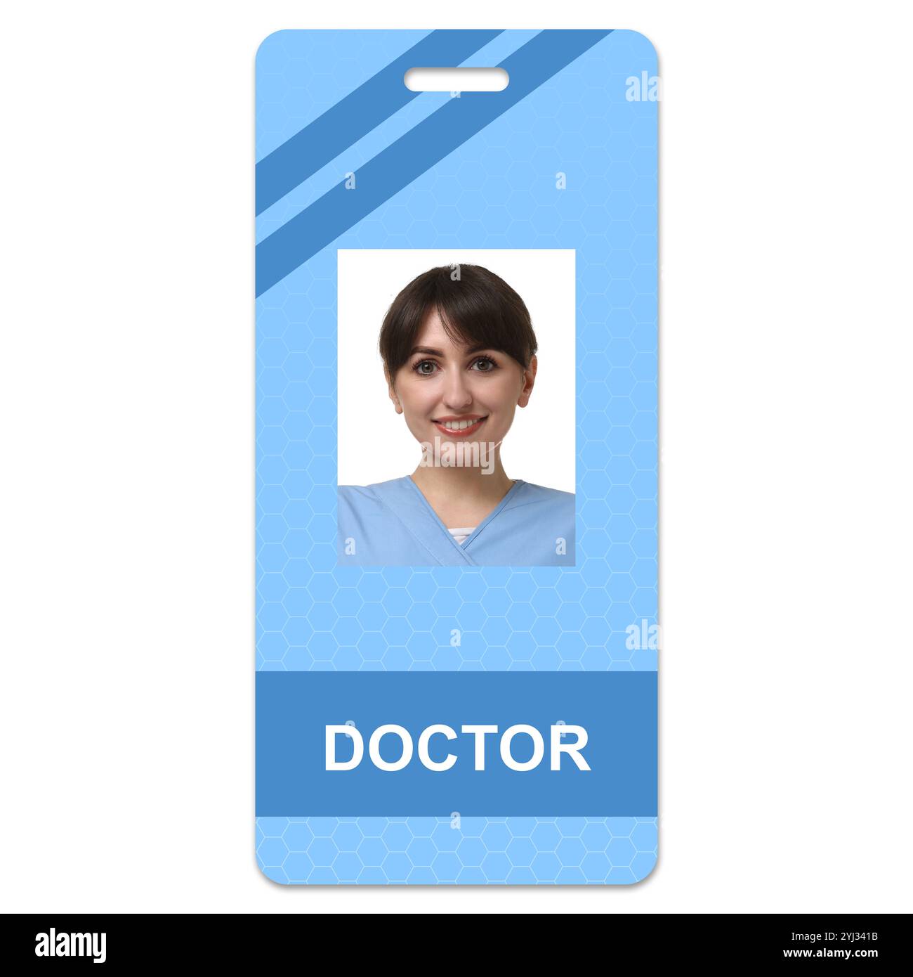 Doctor's badge with photo of woman on white background Stock Photo - Alamy