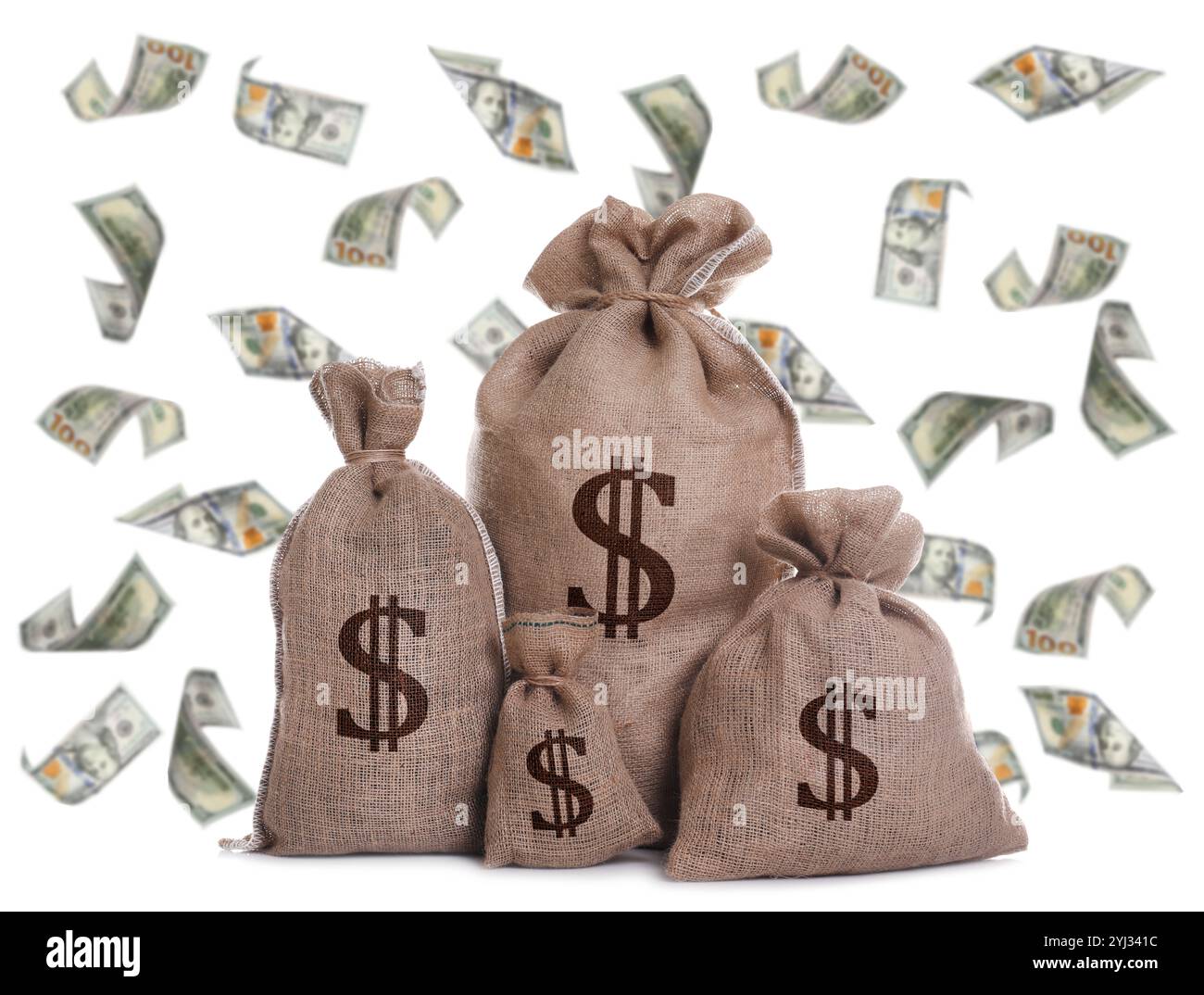 Dollar bills flying around burlap sacks with currency symbols on white ...