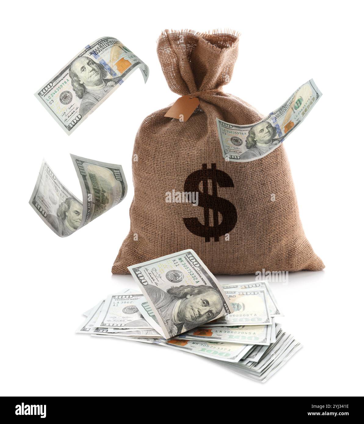Dollar bills flying around burlap sack with currency symbol on white ...