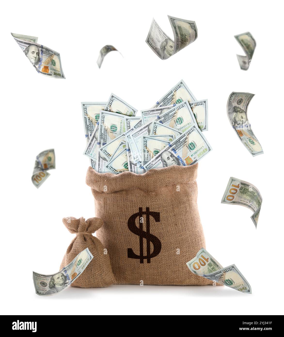 Dollar bills flying around burlap sacks with currency symbol on white ...