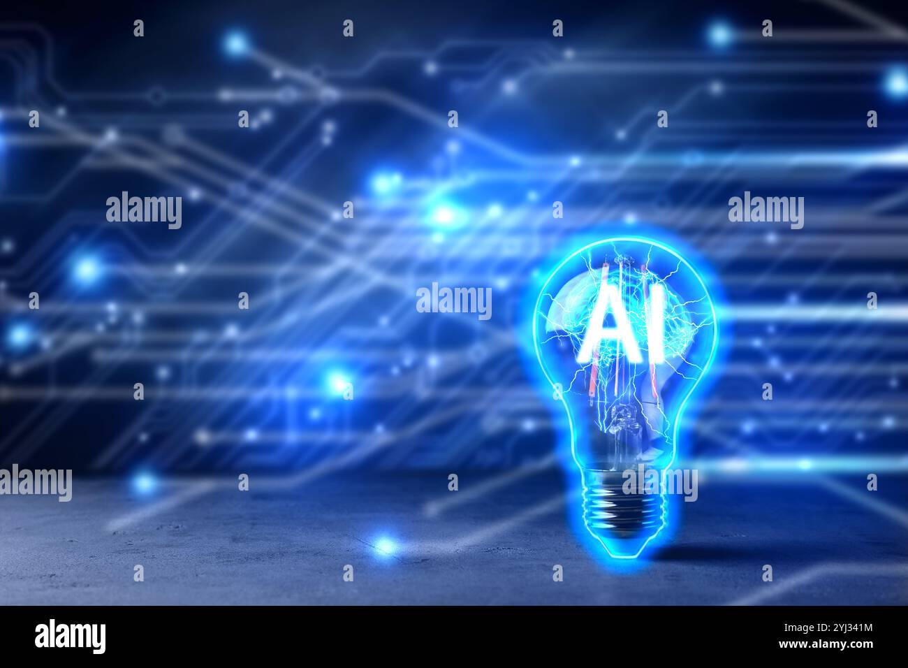 Ai abbreviation and illustration of brain in light bulb against dark ...
