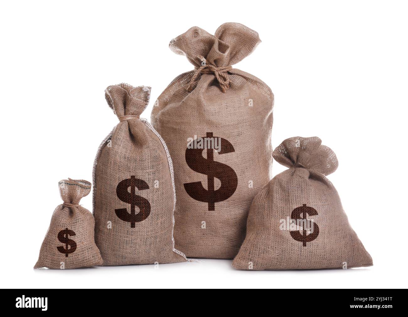Dollar signs on burlap sacks, white background Stock Photo - Alamy