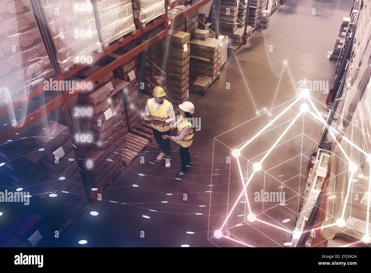 Manager and worker at warehouse, above view. Logistics center. Scheme ...