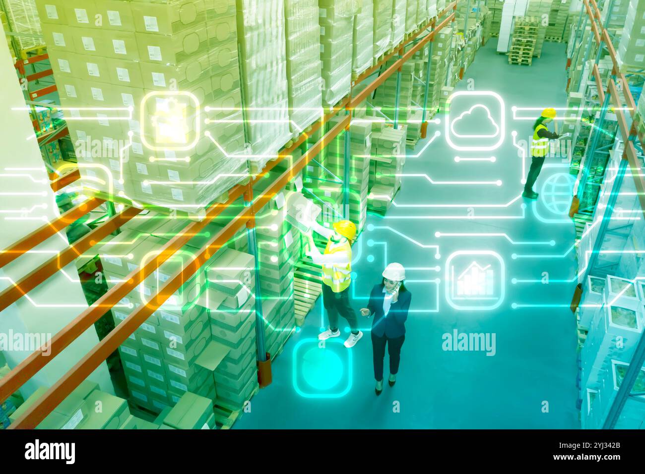 Manager and workers at warehouse, above view. Logistics center. Scheme ...