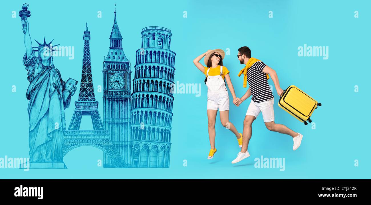 Happy travelers with suitcase running towards illustration of famous ...