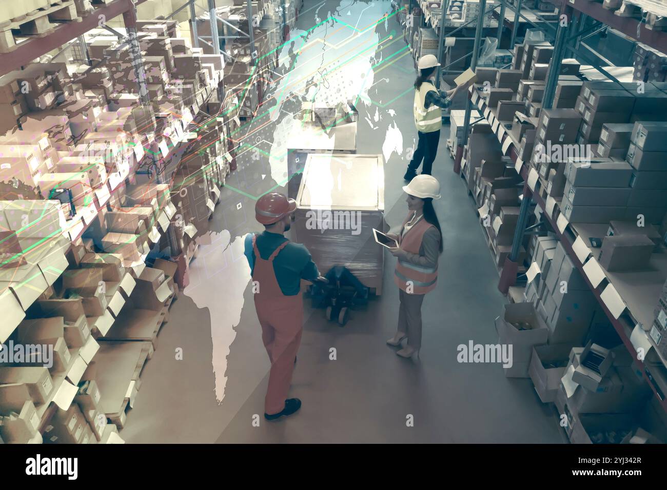 Manager and workers at warehouse, above view. Logistics center. World ...