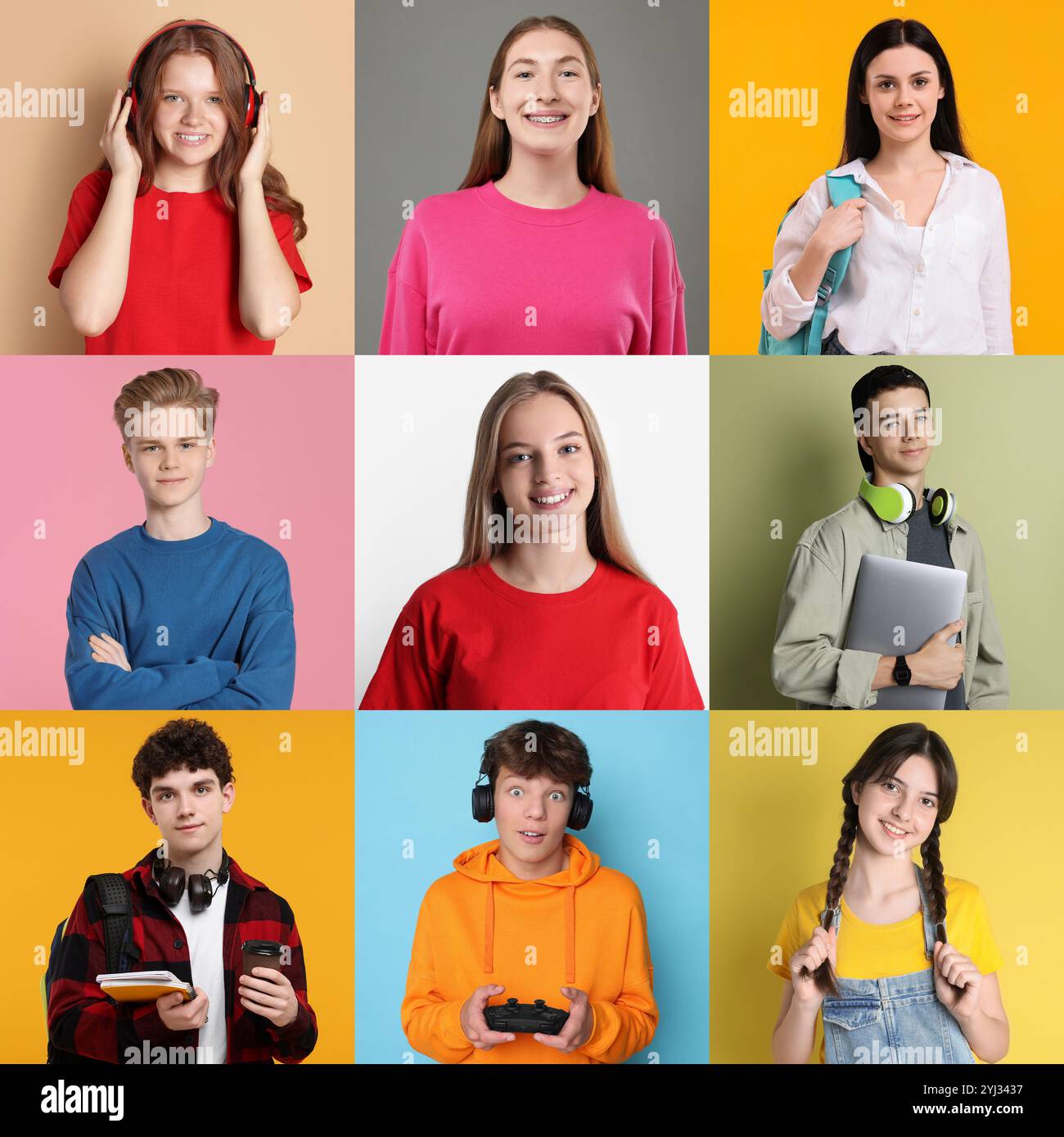 Teenagers on different colors backgrounds. Collection of portraits ...