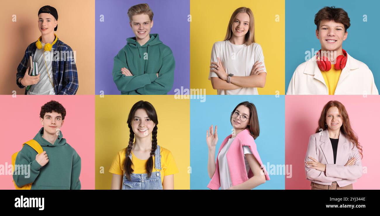 Teenagers on different colors backgrounds. Collection of portraits ...