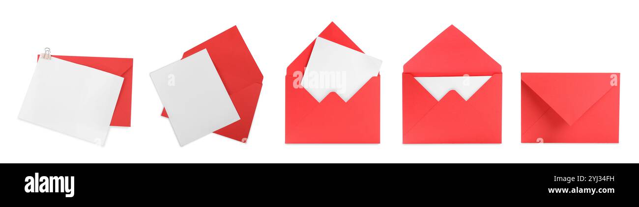 Red envelopes and blank letter isolated on white, collage Stock Photo ...